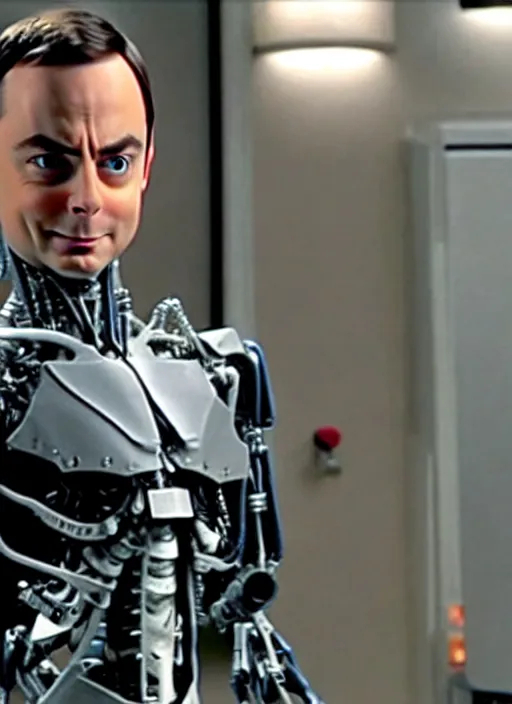 Movie screenshot of Sheldon Cooper as a cyborg, 2010s | OpenArt