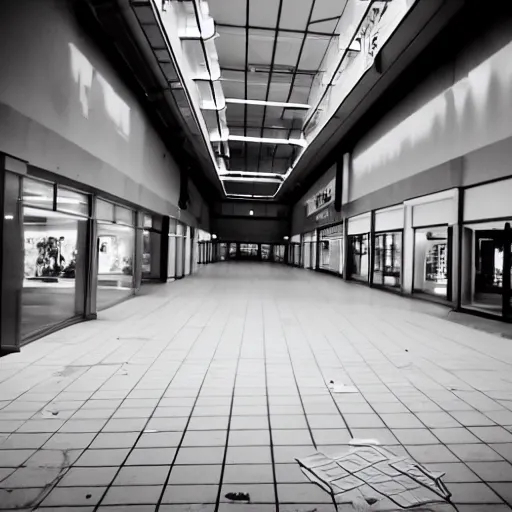 liminal empty modern mall at night, abandoned stores... | OpenArt
