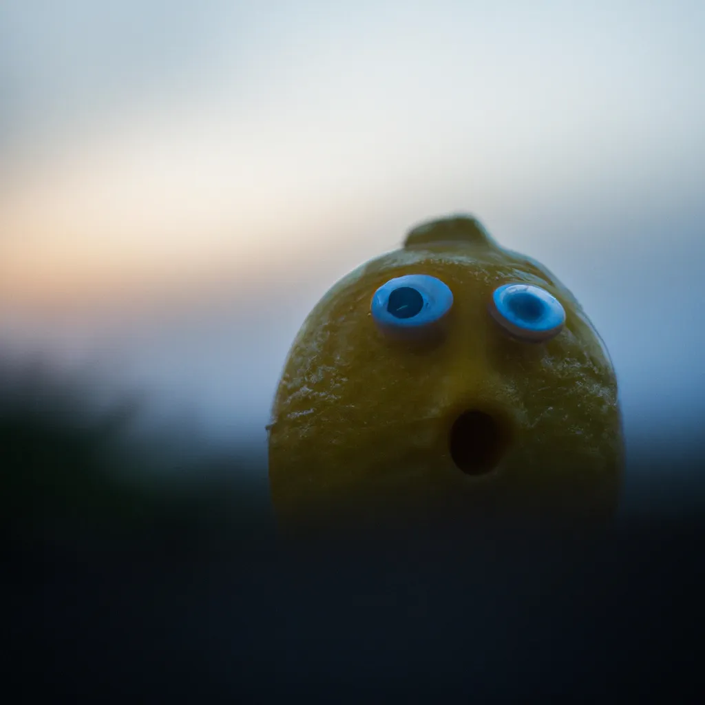 a photograph of a terrified lemon with eyes, Low ang... | OpenArt