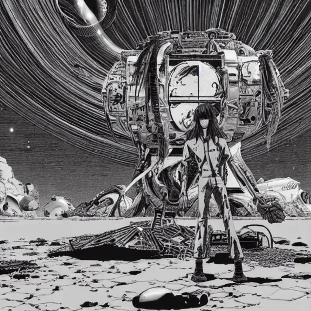 Man with long dark hair standing in alien dessert ne... | OpenArt