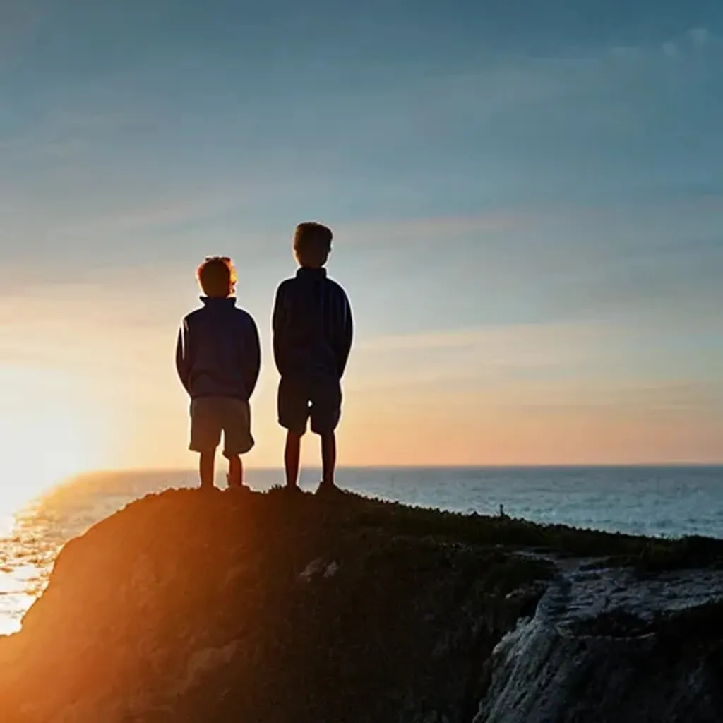 close up of two brothers looking out at the sunset o... | OpenArt
