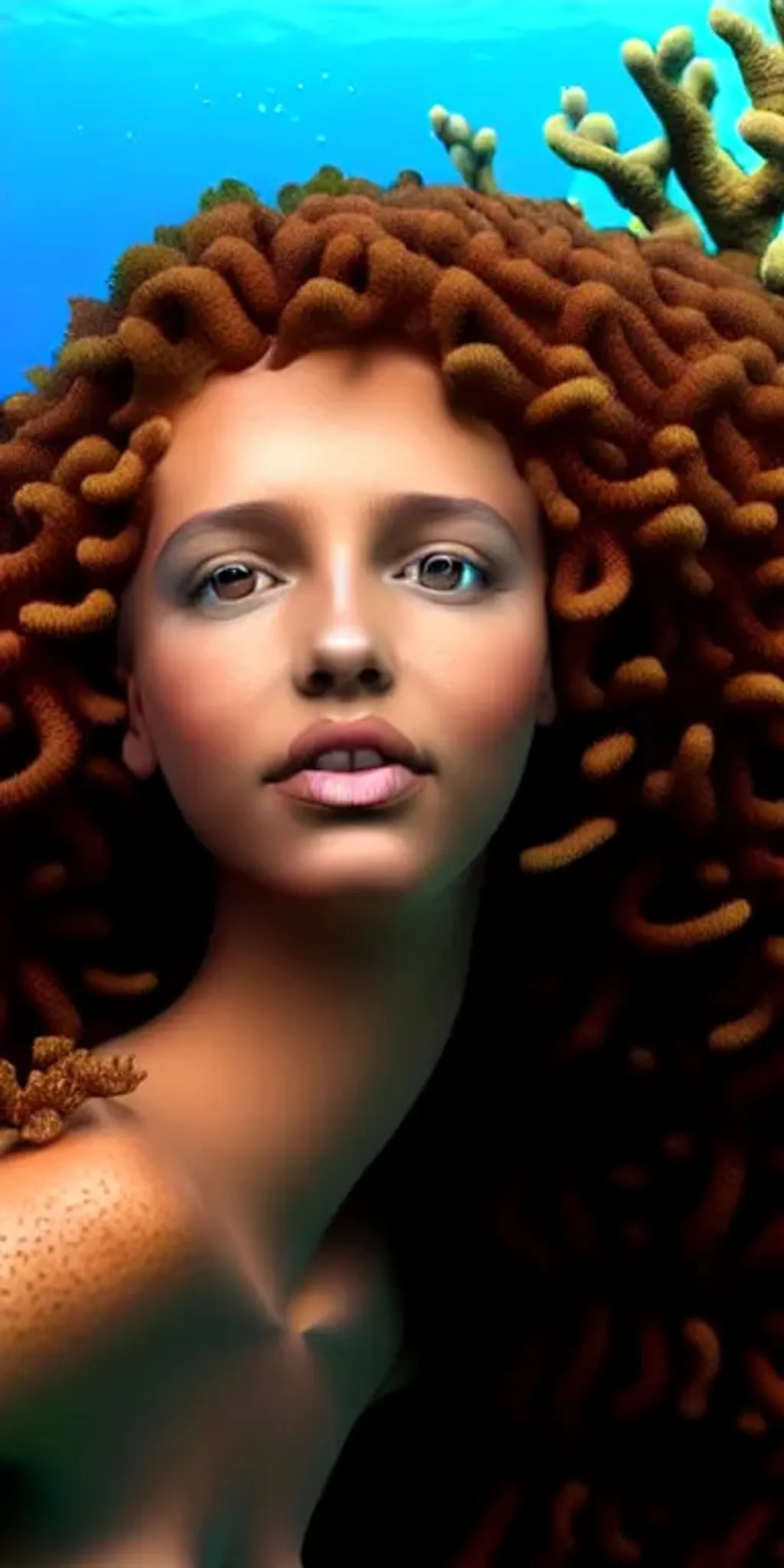 Brown Mermaid with curly hair and gills in a coral r... | OpenArt