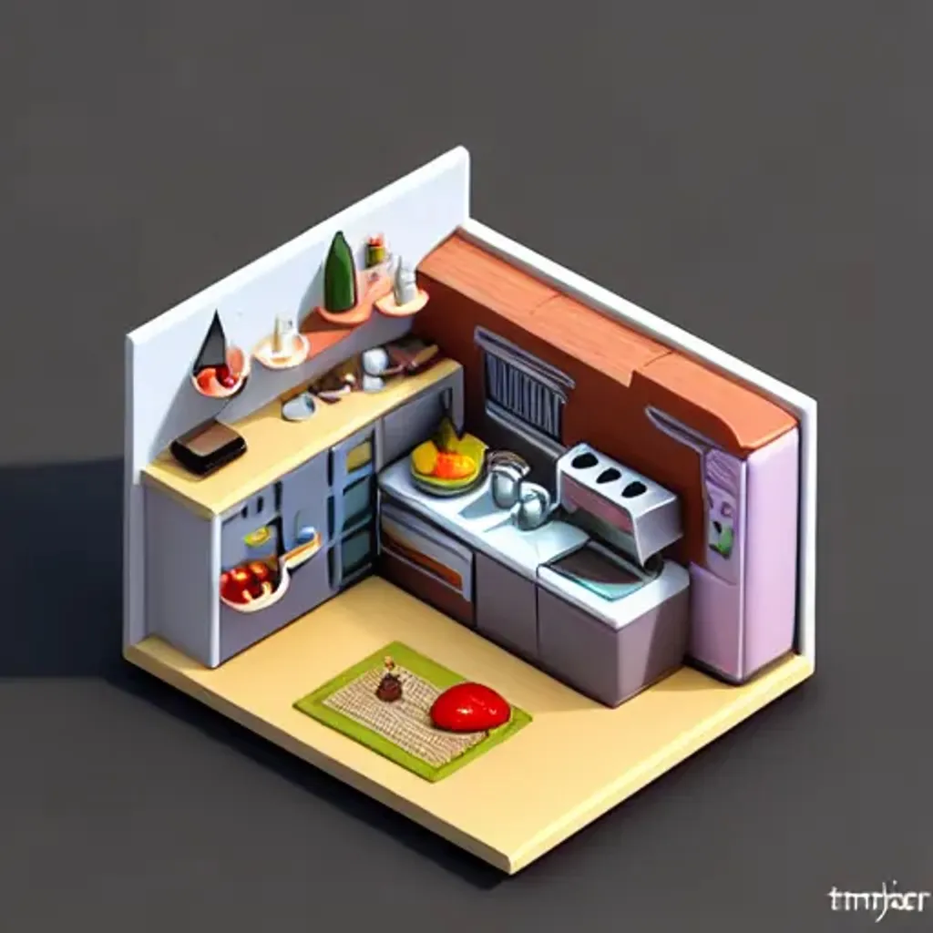 Tiny cute isometric kitchen in a cutaway box, Overgr... | OpenArt