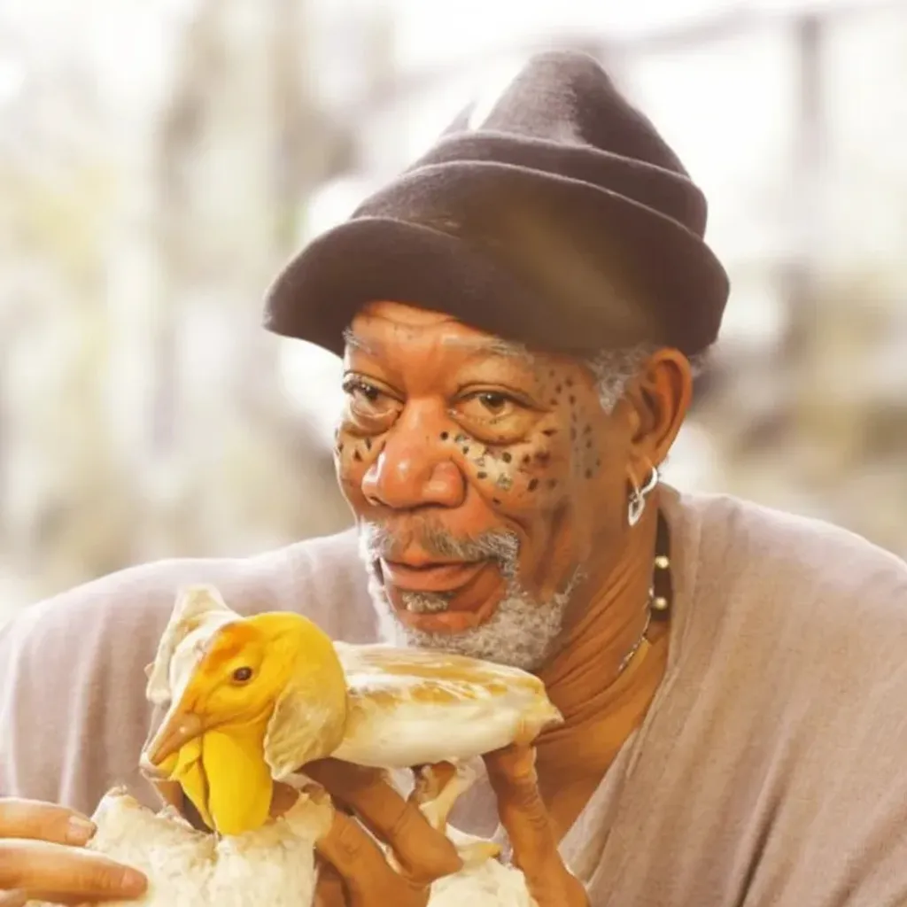 Morgan Freeman Holding a Fat Duck, gay, Realism, 4K,... | OpenArt