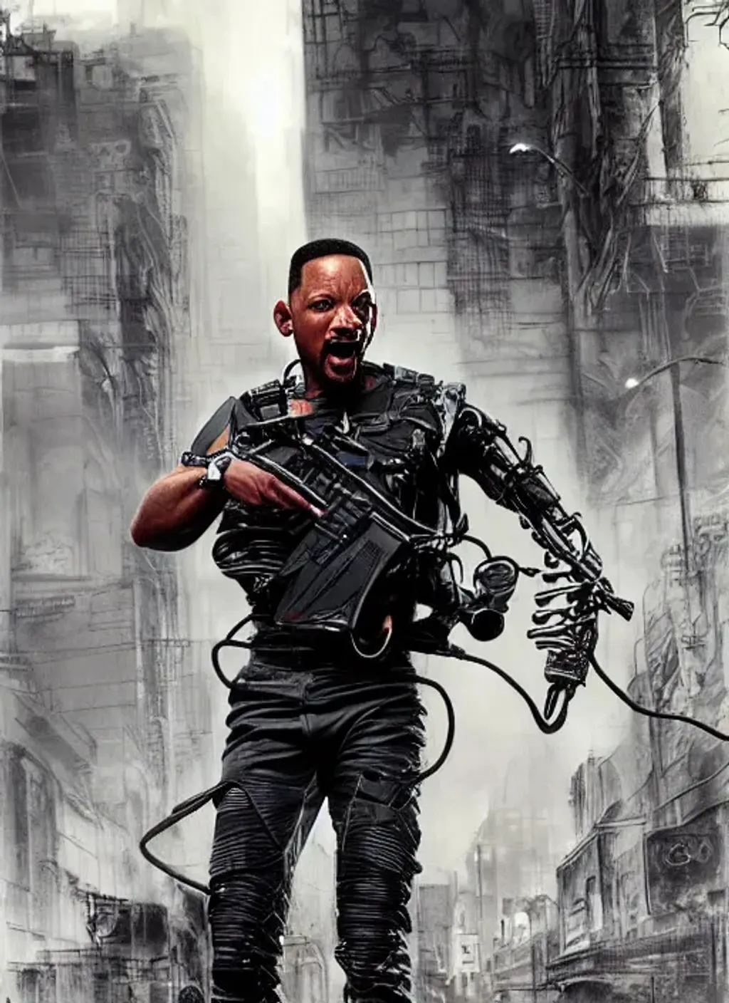 Portrait of {Will Smith as Terminator} with {black}... | OpenArt