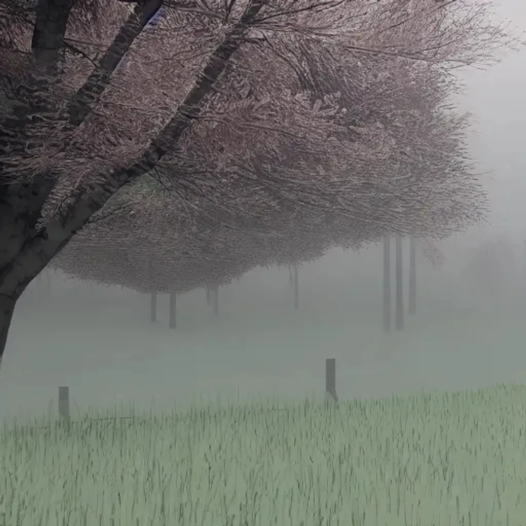 low poly cherry trees in creepy park with river and... | OpenArt