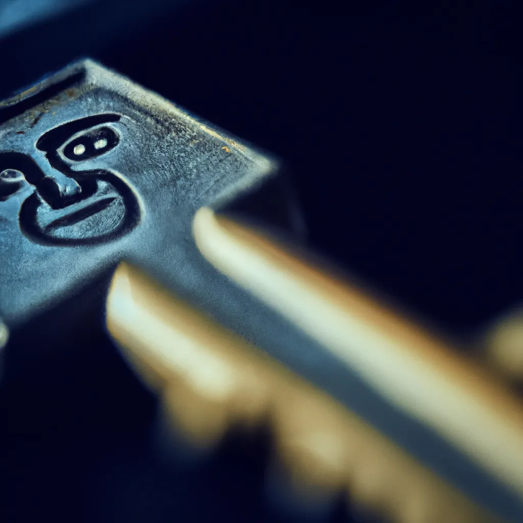 Metal key with a face, macro view, cinematic lighting