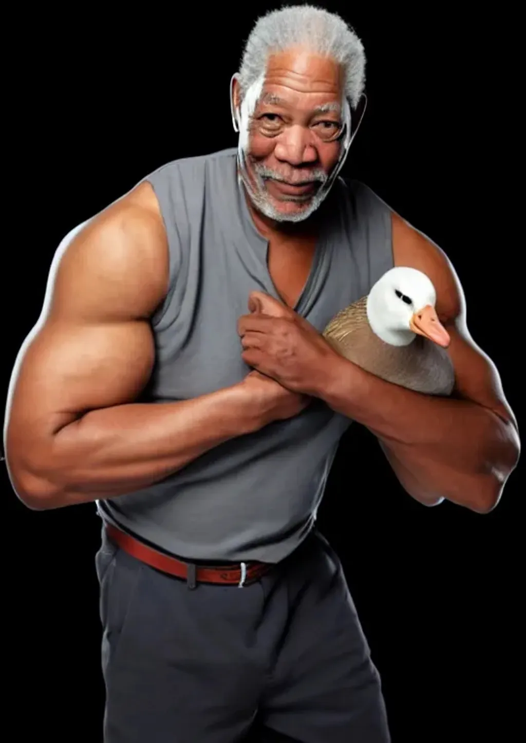 Morgan Freeman holding a goose, yolked, muscle, flex... | OpenArt