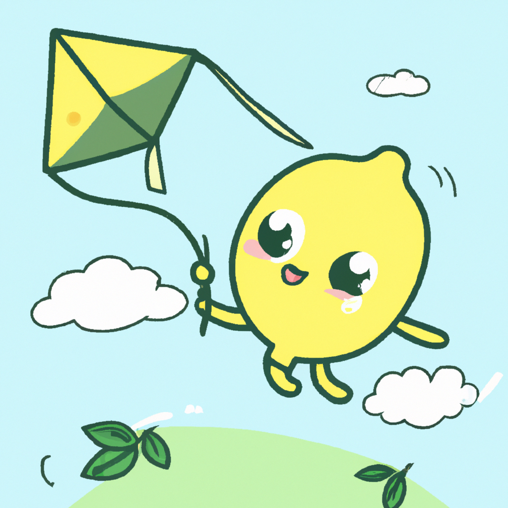 a cute, happy, kawaii, cartoon lemon flying a kite o... | OpenArt