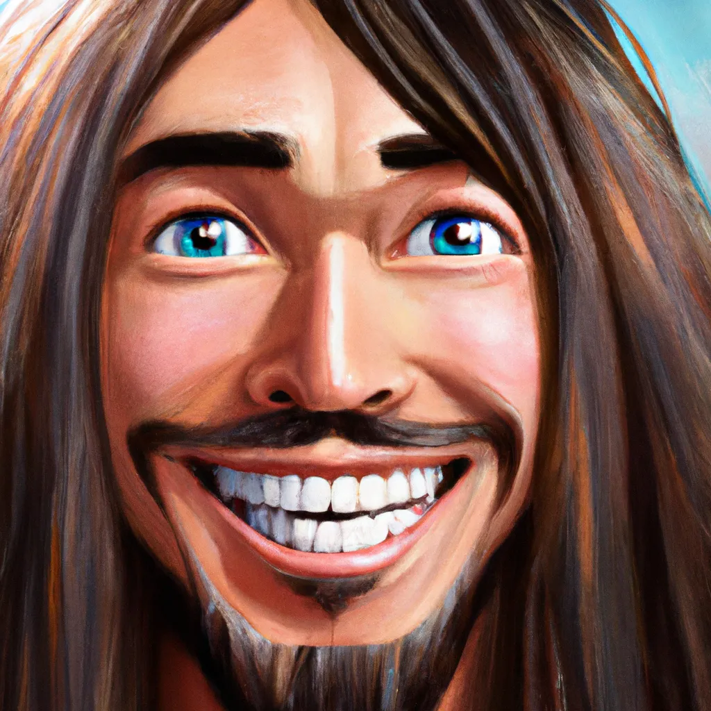 Closeup full-face portrait of laughing Jesus Christ... | OpenArt