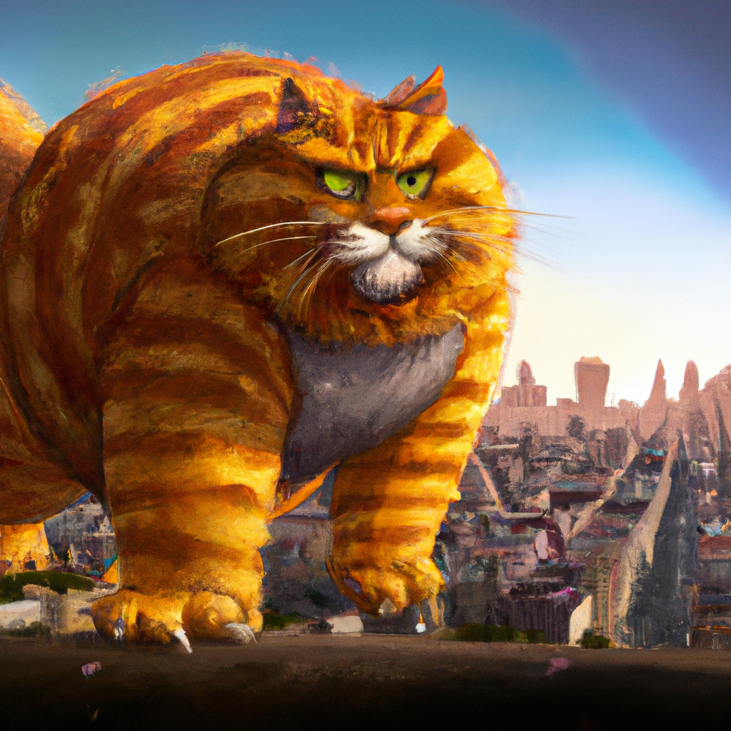 Giant Garfield terrorizing a city, digital art | OpenArt