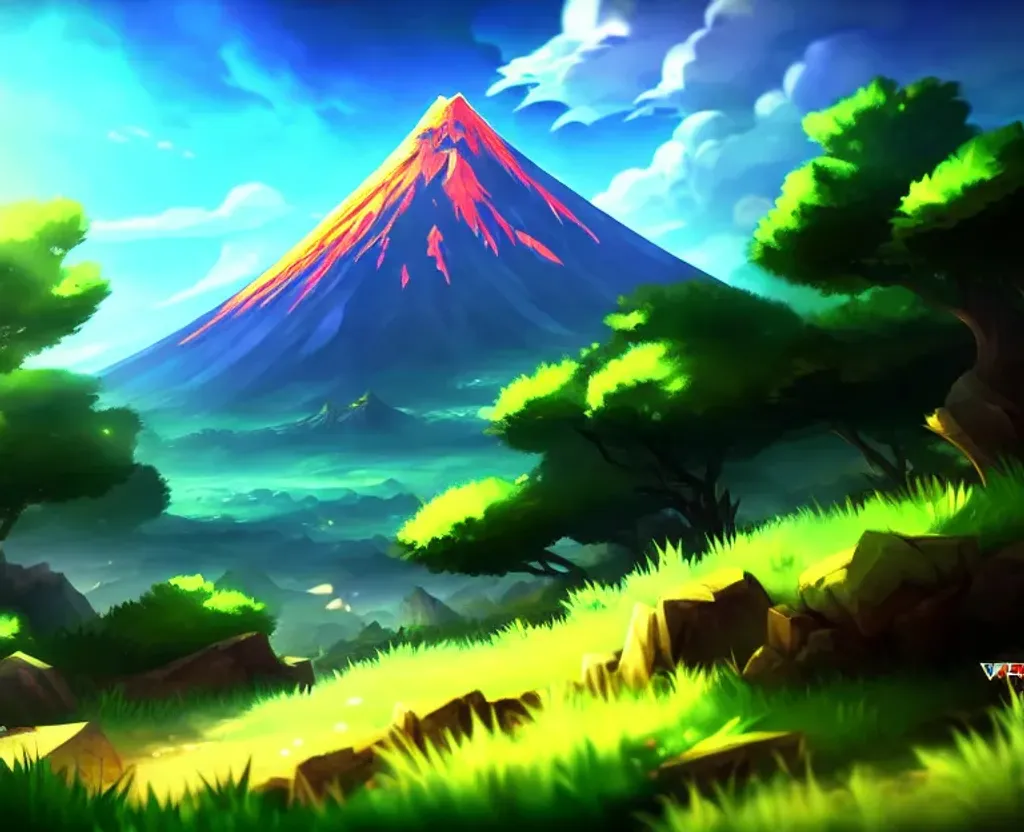 volcano landscape, anime art, tall grass ambience, 8... | OpenArt