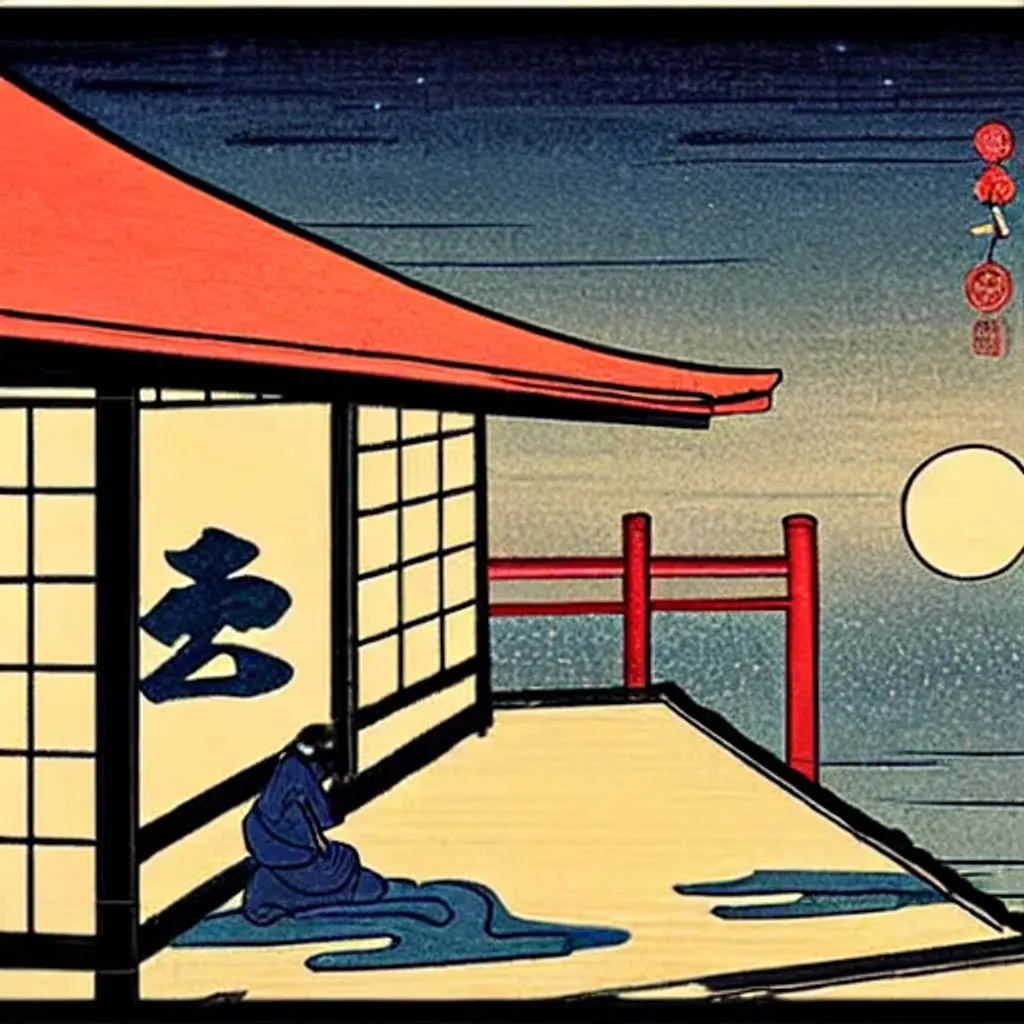 a painting of a japanese dojo at night under the moo... | OpenArt