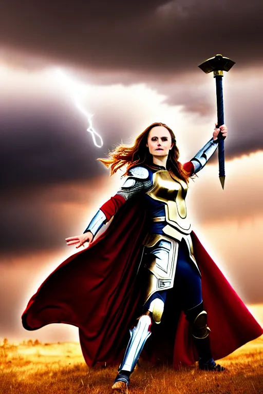 full shot, jane foster with Mjolnir, gold armor with... | OpenArt