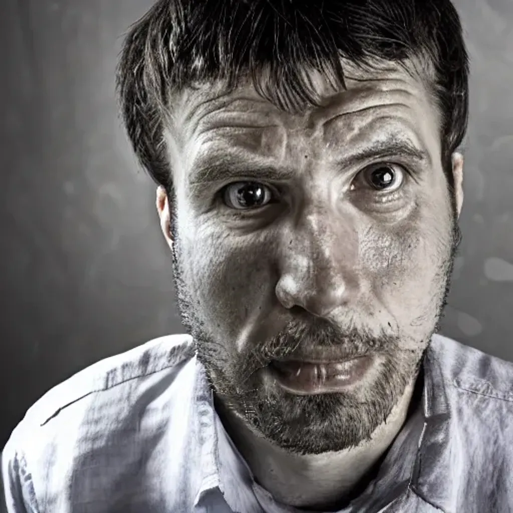Man stares down camera wrought with guilt and shame... | OpenArt