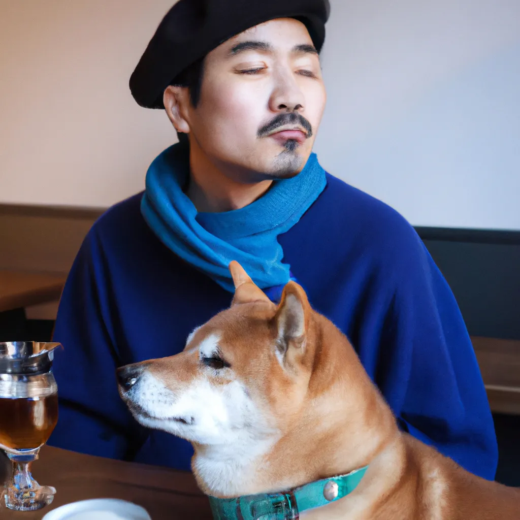 a shiba inu wearing a purple beret in a diner eating... | OpenArt