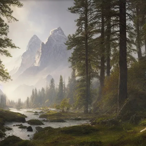 A painting of Riverwood, epic landscape, high mounta... | OpenArt