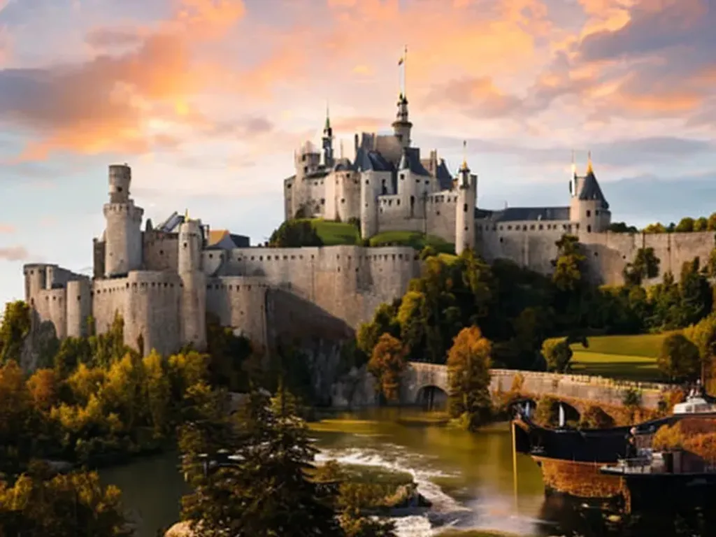 photographic landscape of castle and river, poster f... | OpenArt