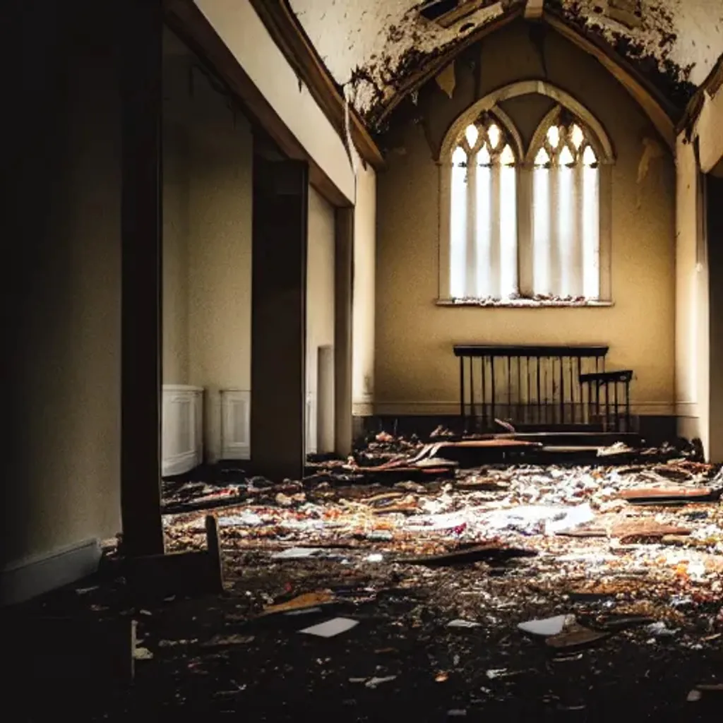 inside abandoned church, broken benches, moody light... | OpenArt