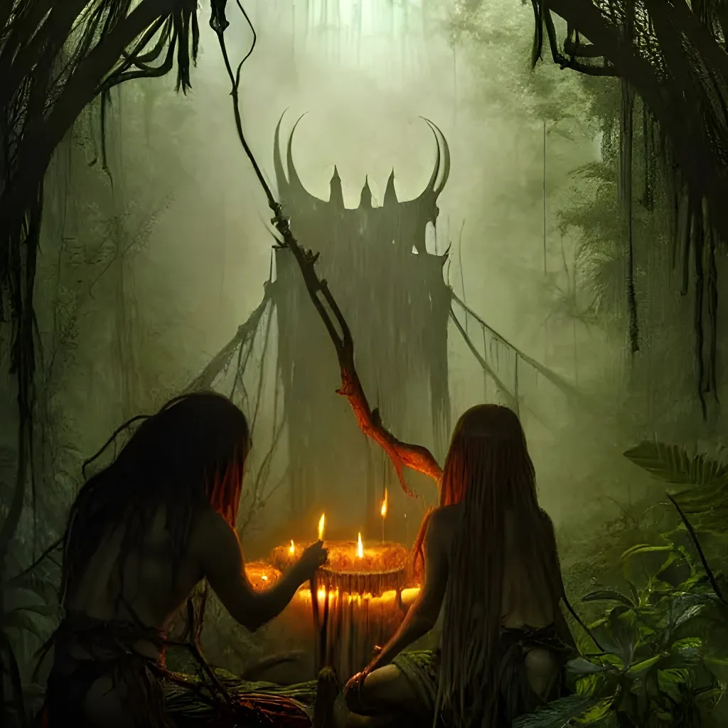 creepy tribe deep in the jungle performing a ritual.... | OpenArt