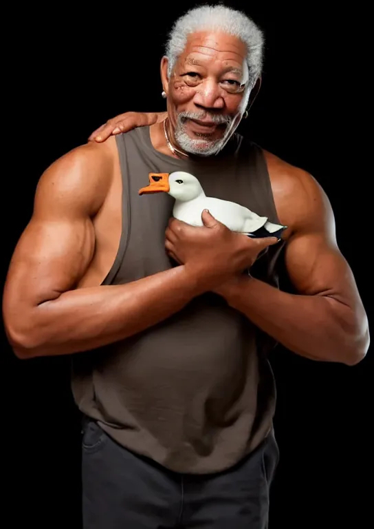 Morgan Freeman holding a duck, yolked, muscle, 4K, 8... | OpenArt