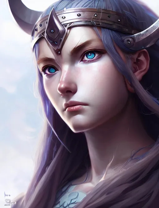 Closeup face portrait of a female viking warrior, sm...