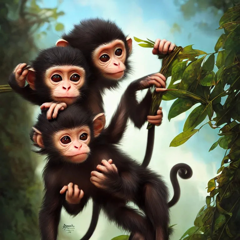 cute baby monkey, advanced digital chibi art, tom ba...