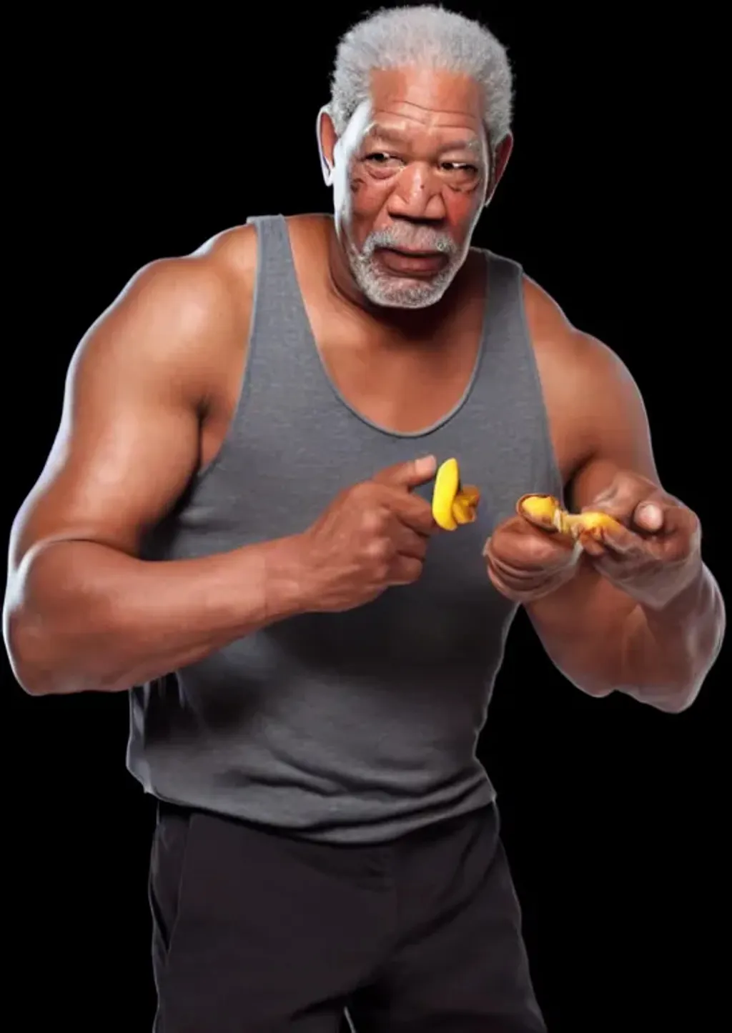 Morgan Freeman holding a duck, yolked, muscle, flex,... | OpenArt