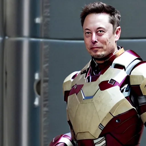 Elon Musk in Iron Man Suit without helmet, looking d...