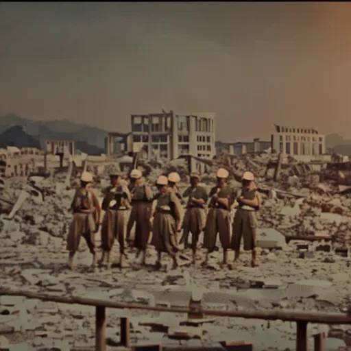 Ww2 Japanese soldiers stand Infront of destroyed Hir...