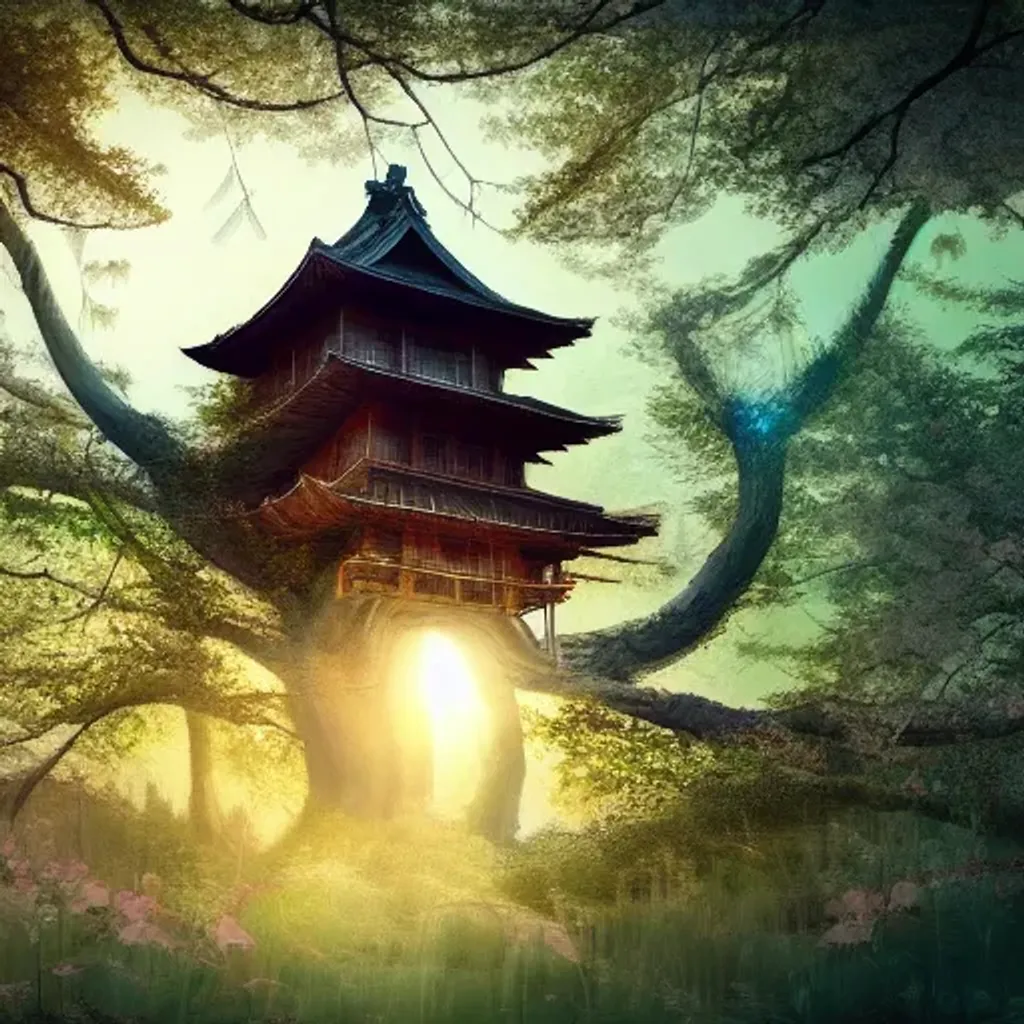 concept art of a high-fantasy Japanese-style treehou... | OpenArt