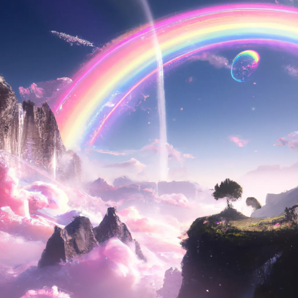 A magical pink sky with a rainbow and white cute cl...