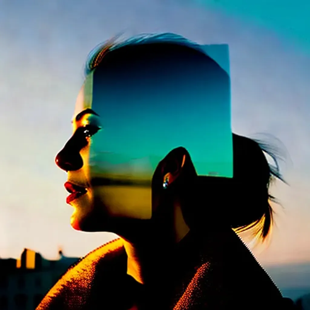 double exposure, woman's face, buildings, by Alessio...