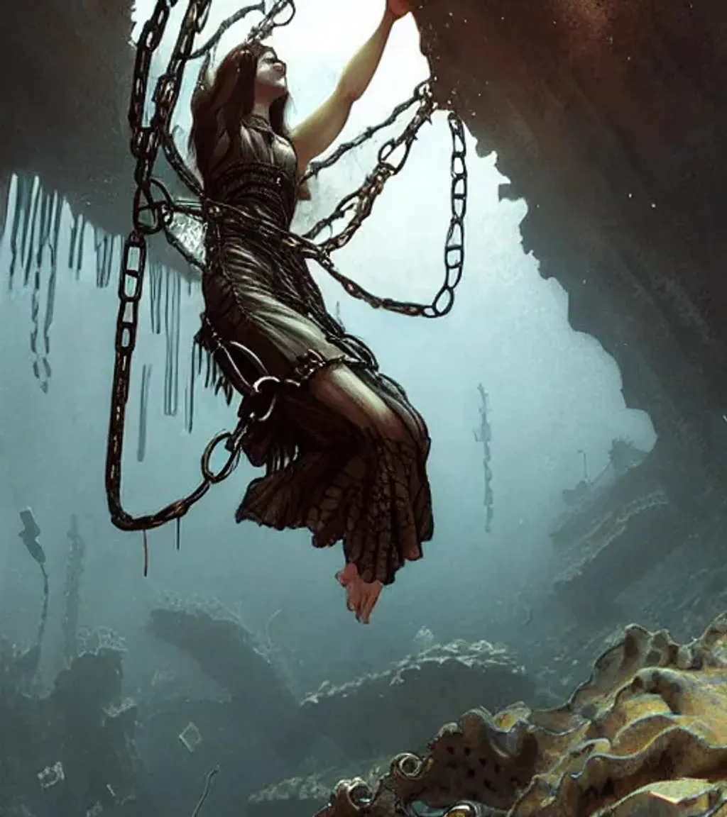diving in a dress made out of rusted chains, bound b... | OpenArt