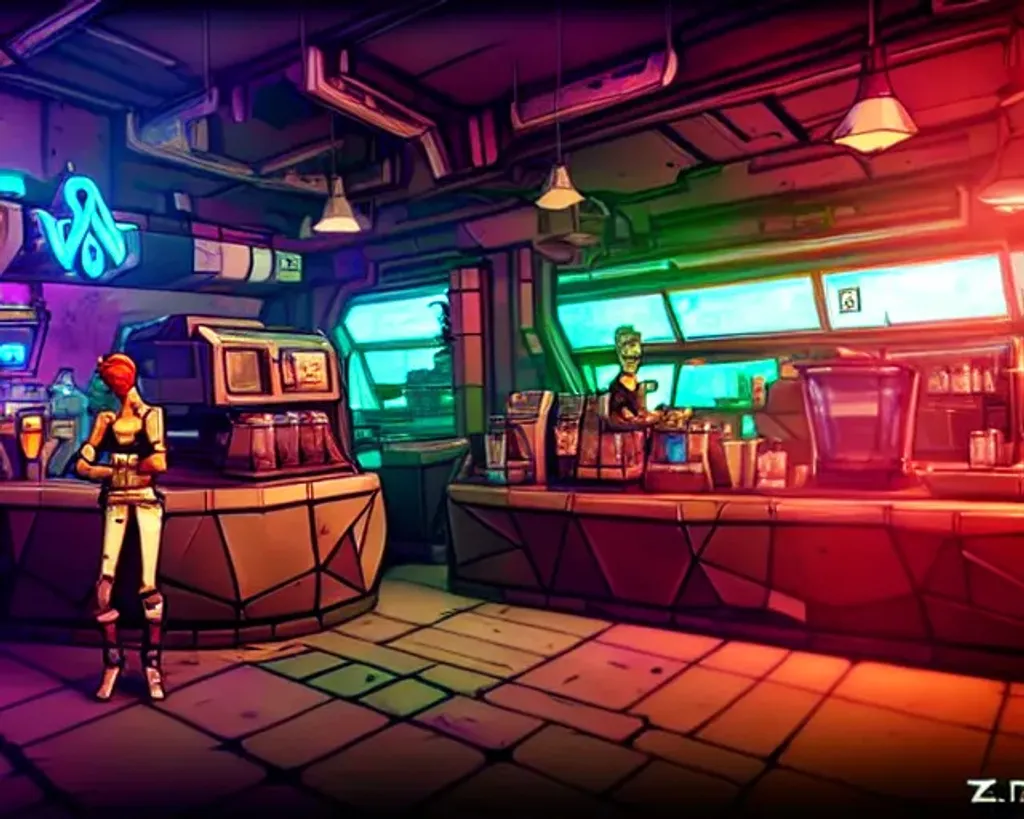 Borderlands 2 Futuristic low-poly coffee shop, minim...