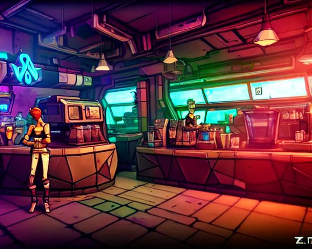 Borderlands 2 Futuristic low-poly coffee shop, minim...