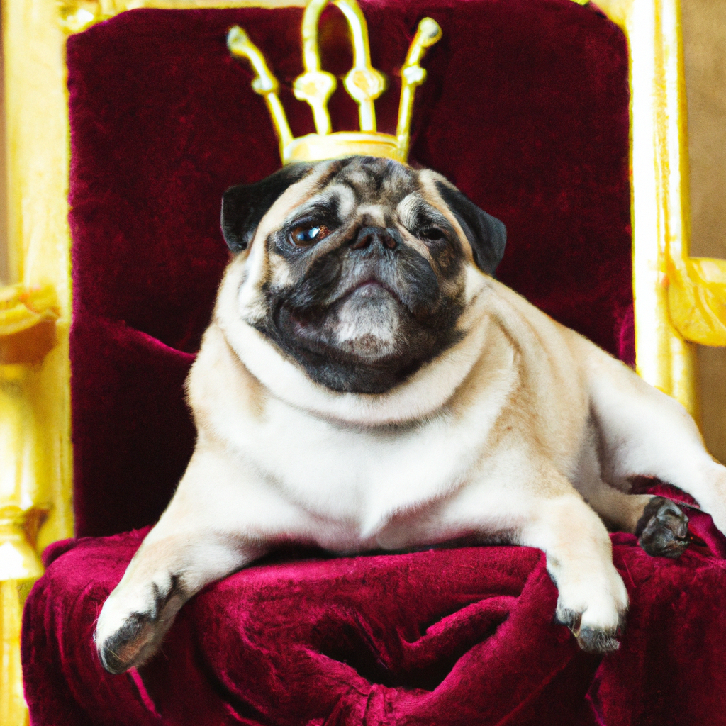 photo of pug king with a crown on a gold throne
