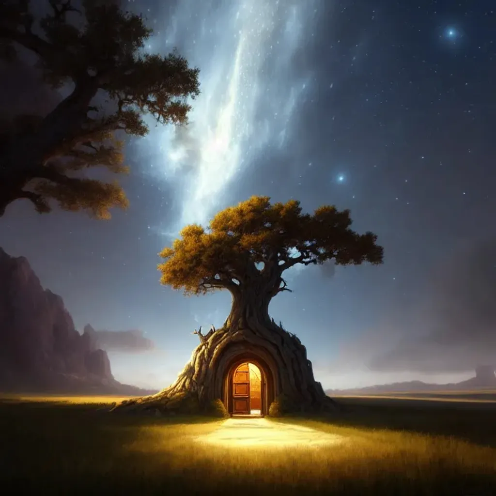 an oak tree with a magical door, majestic, giant, ni...