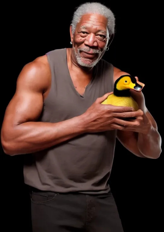 Morgan Freeman holding a duck, yolked, muscle, 4K, 8... | OpenArt