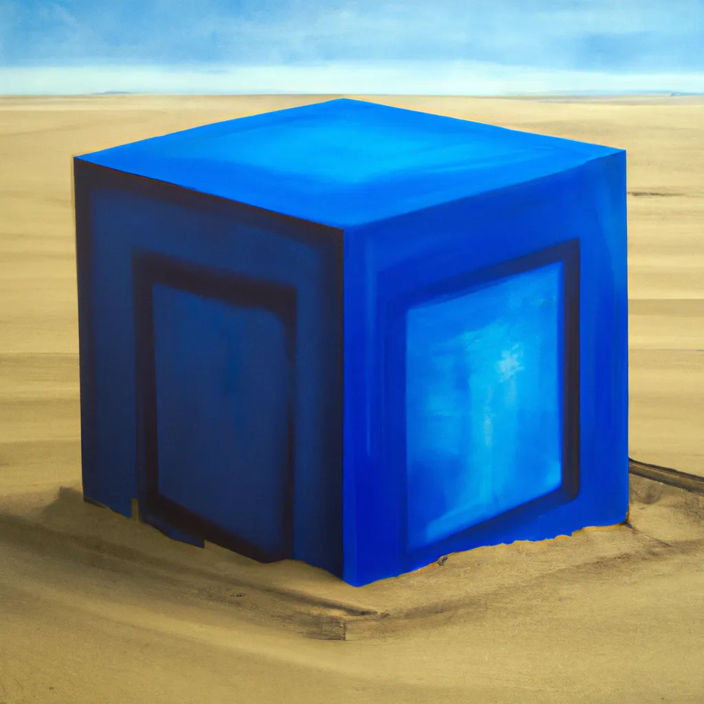 Big blue cube partially buried in the sand, fantasy... | OpenArt