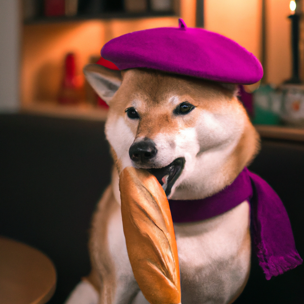 a Shiba inu wearing a purple beret eating a baguette... | OpenArt