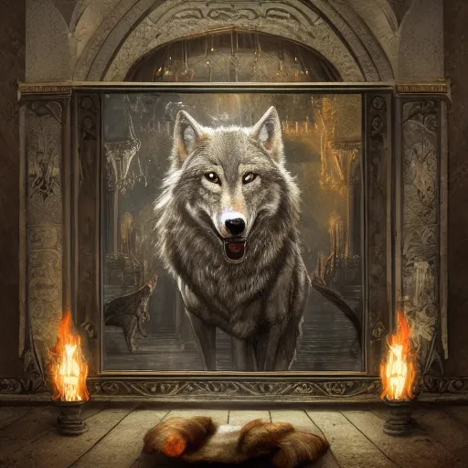 intricate medieval tapestry of a wolf, smoke fills t... | OpenArt