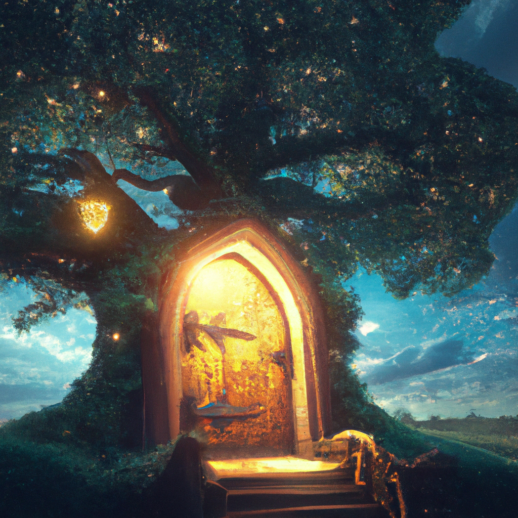 an oak tree with a magical door, a luminescent path... | OpenArt