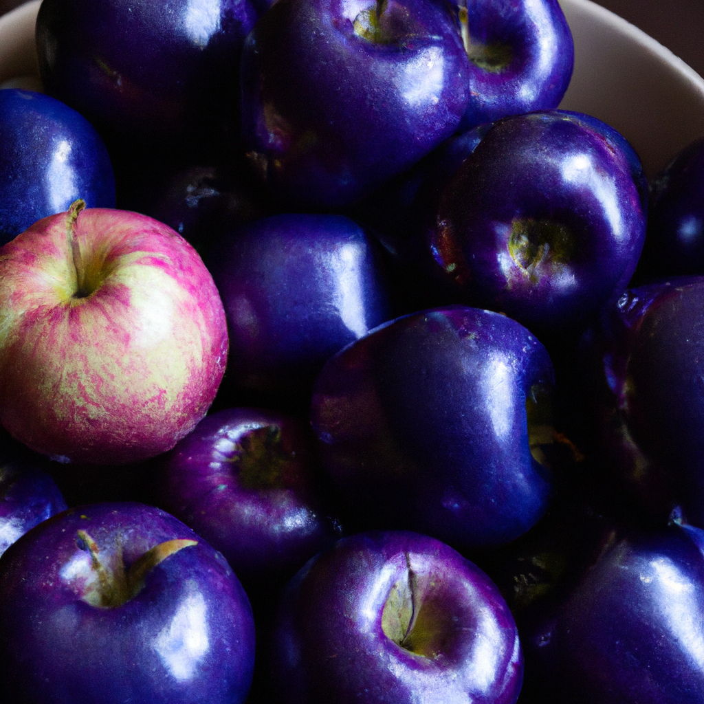 Blue Apple in a bowl full of purple apples | OpenArt
