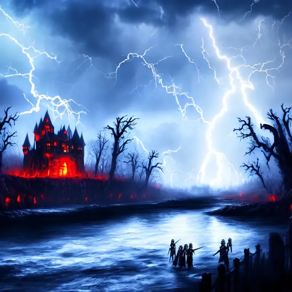 river of blood and lightning. castle on the side of... | OpenArt