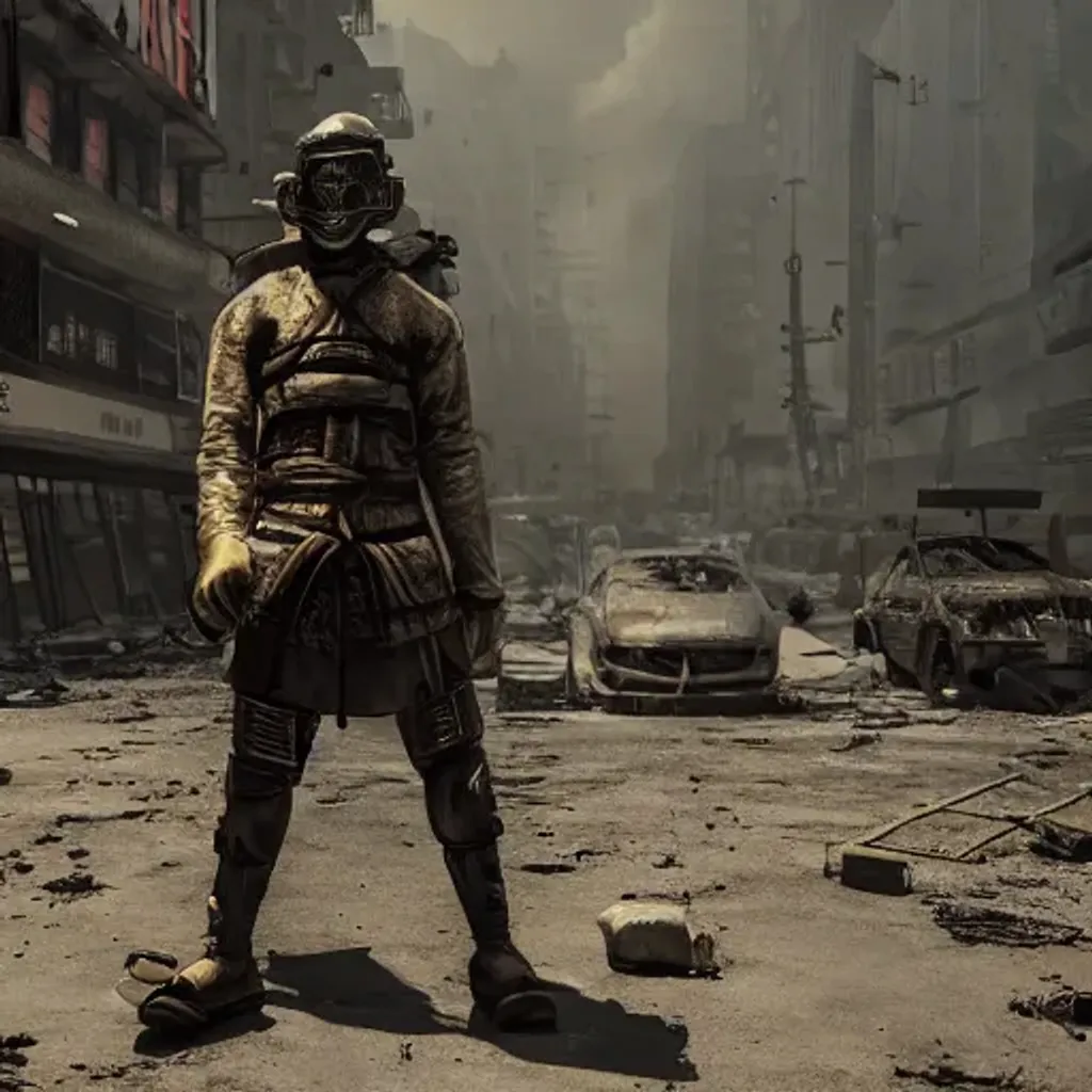 A future samurai, wearing a yoroi and gas mask, in a...