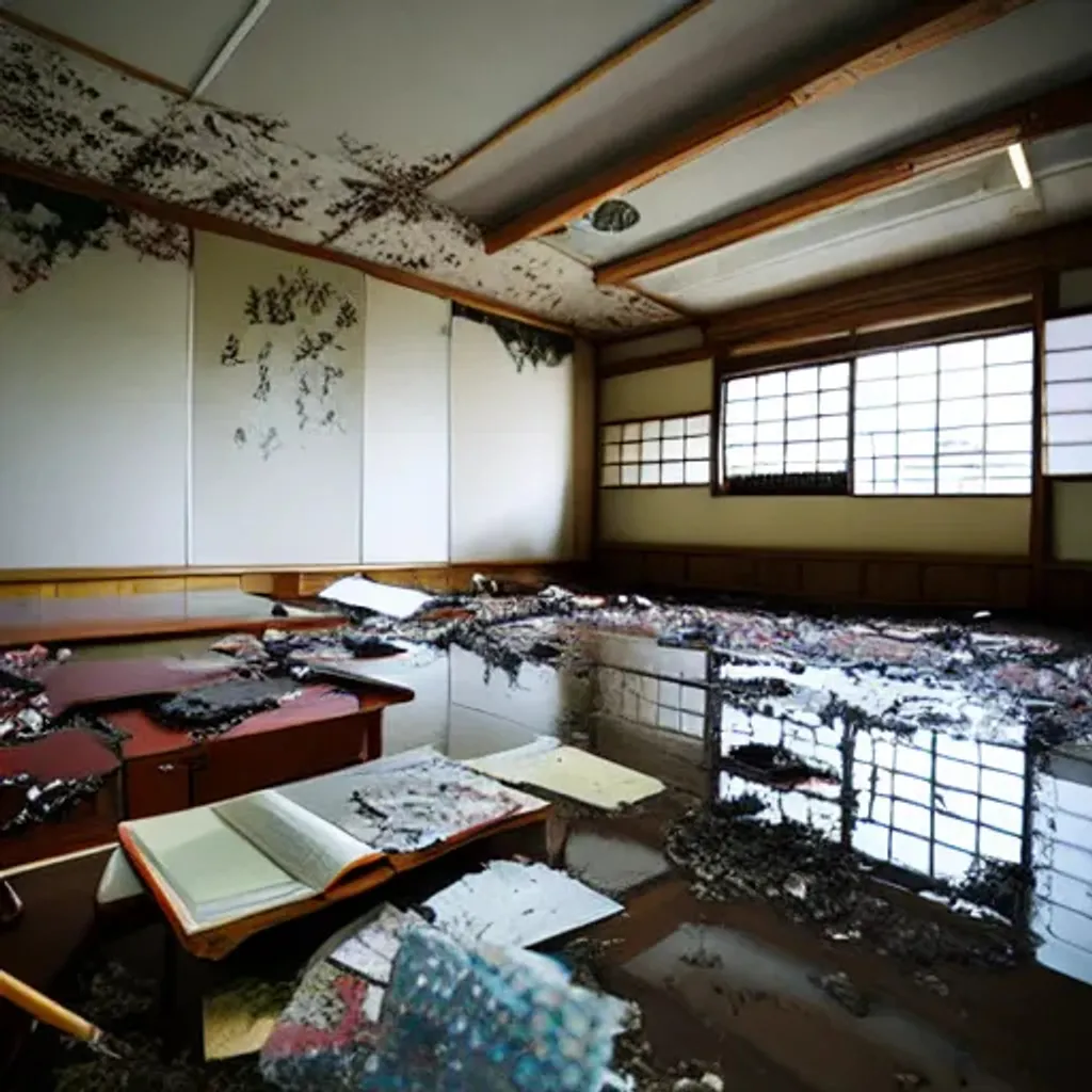 inside abandoned japanese home, garbage on ground, c... | OpenArt