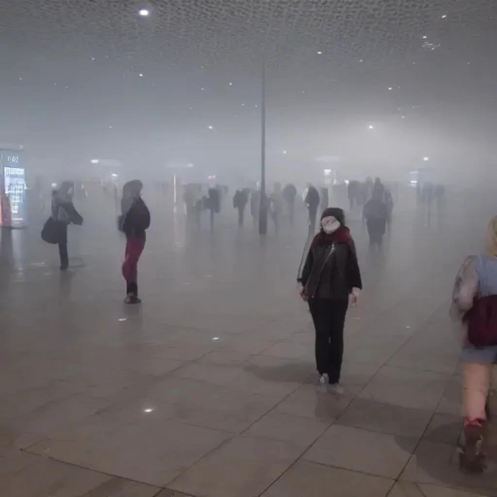 liminal space mall with people in the fog | OpenArt