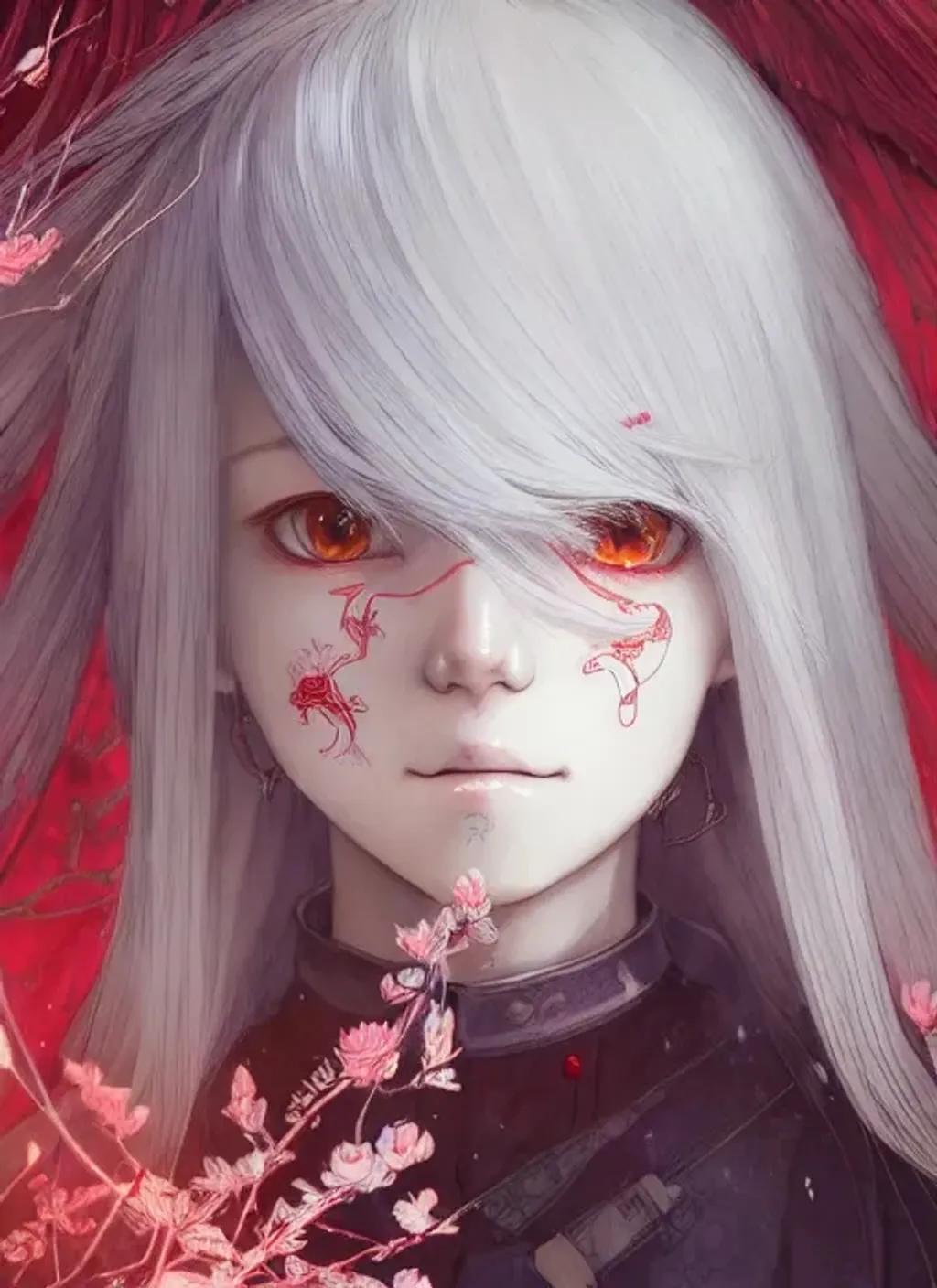 cute white haired, cute red eyes female, temple, lon... | OpenArt