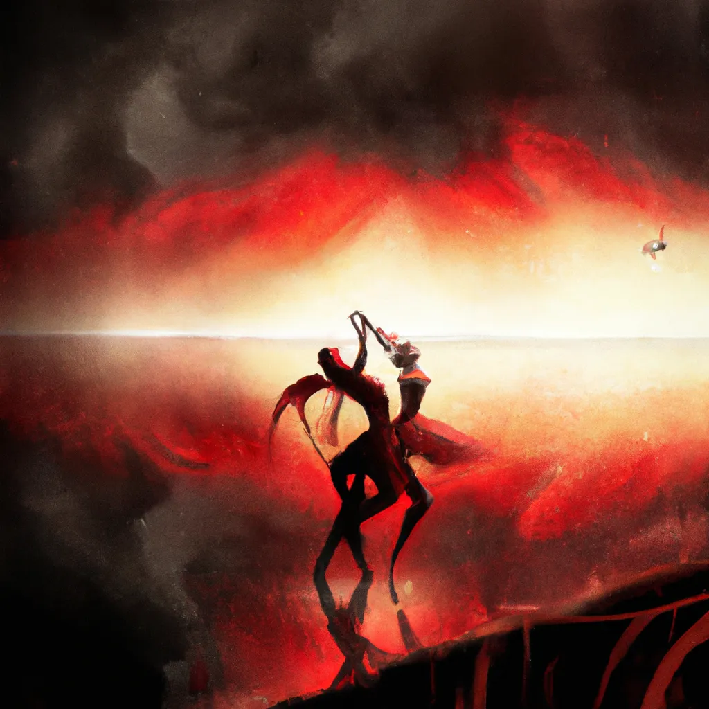 woman and demon dancing tango over a black lake, red...